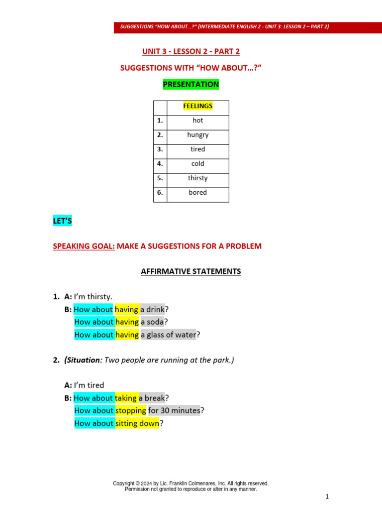 Suggestions With How About (Unit 3 - Lesson 2 - Part 2) | PDF ...