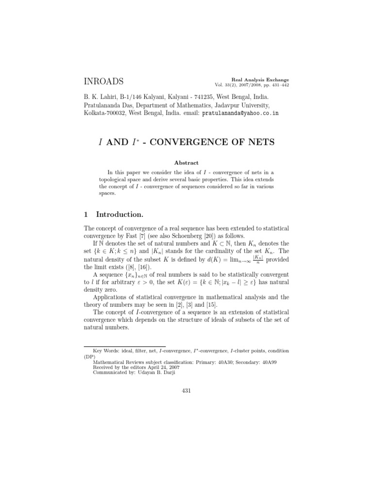 Inroads: Real Analysis Exchange Vol. 33 (2), 2007/2008, Pp. 431-442 | PDF | Limit (Mathematics ...