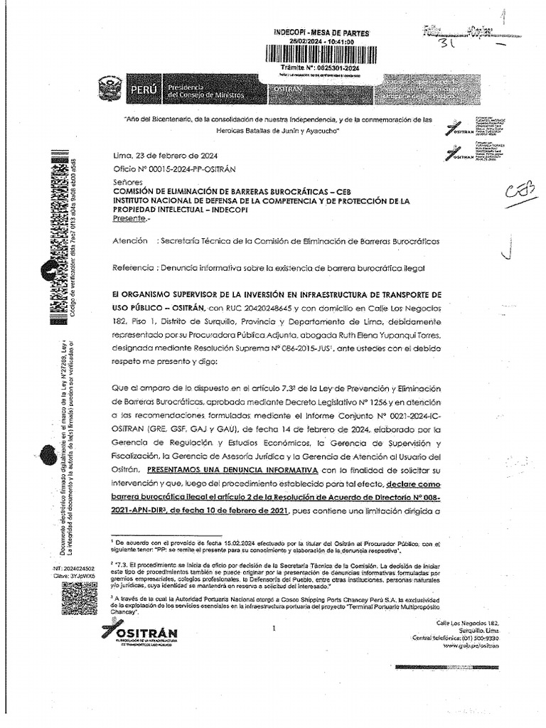 Denuncia Infomativa Ositran (Actuados) | PDF | Administración Pública | Propiedad intelectual