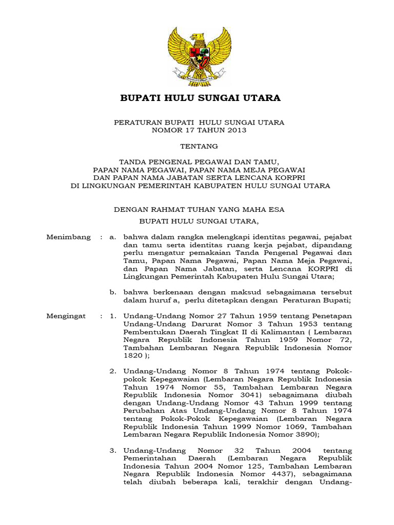 17.perbup Tahun 2013 No.17 TTG Tanda Pengenal PNS Dan Papan Nama ...