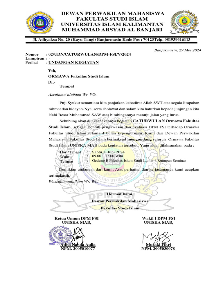 Undangan Caturwulan Ormawa FSI | PDF