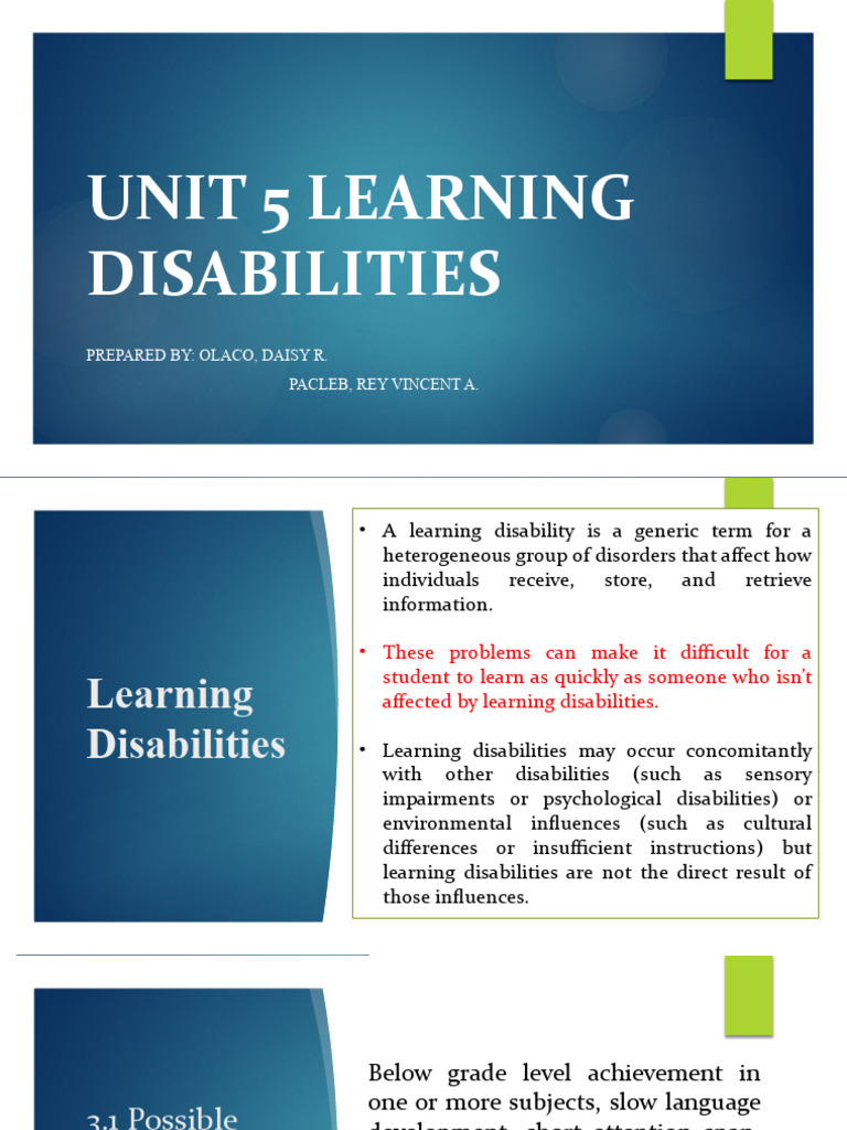 Unit 5 Learning Disabilities | PDF | Learning Disability | Attention Deficit Hyperactivity Disorder