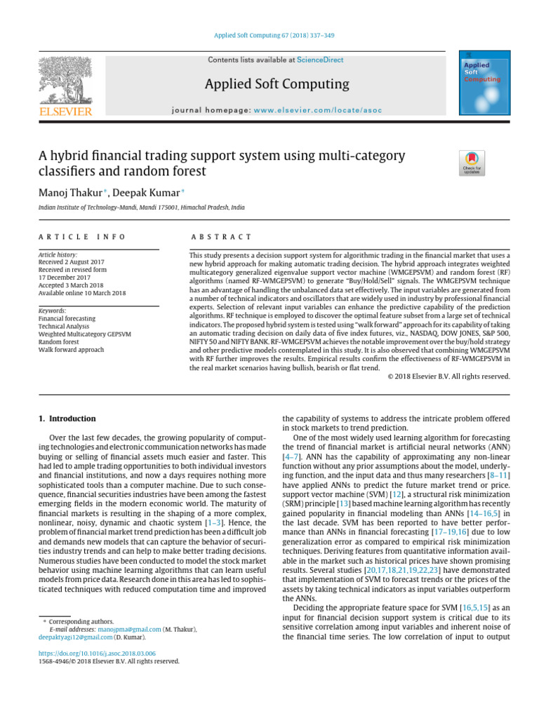 Applied Soft Computing: Manoj Thakur, Deepak Kumar | PDF | Market Trend | Technical Analysis