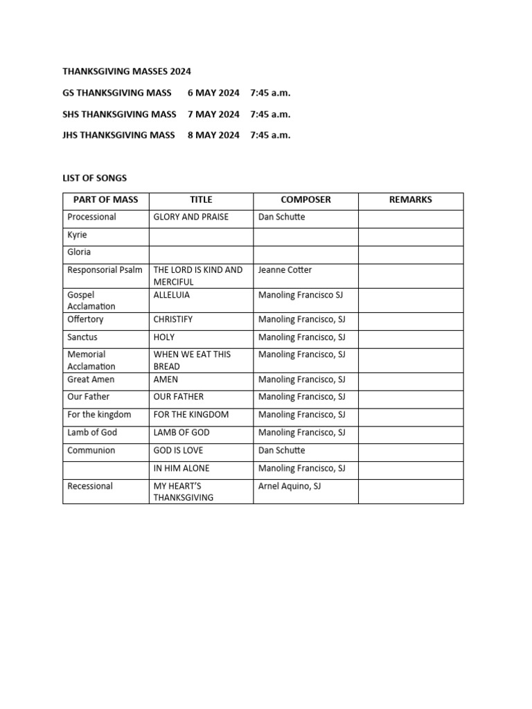 List of Songs For THANKSGIVING MASSES 2024 | PDF