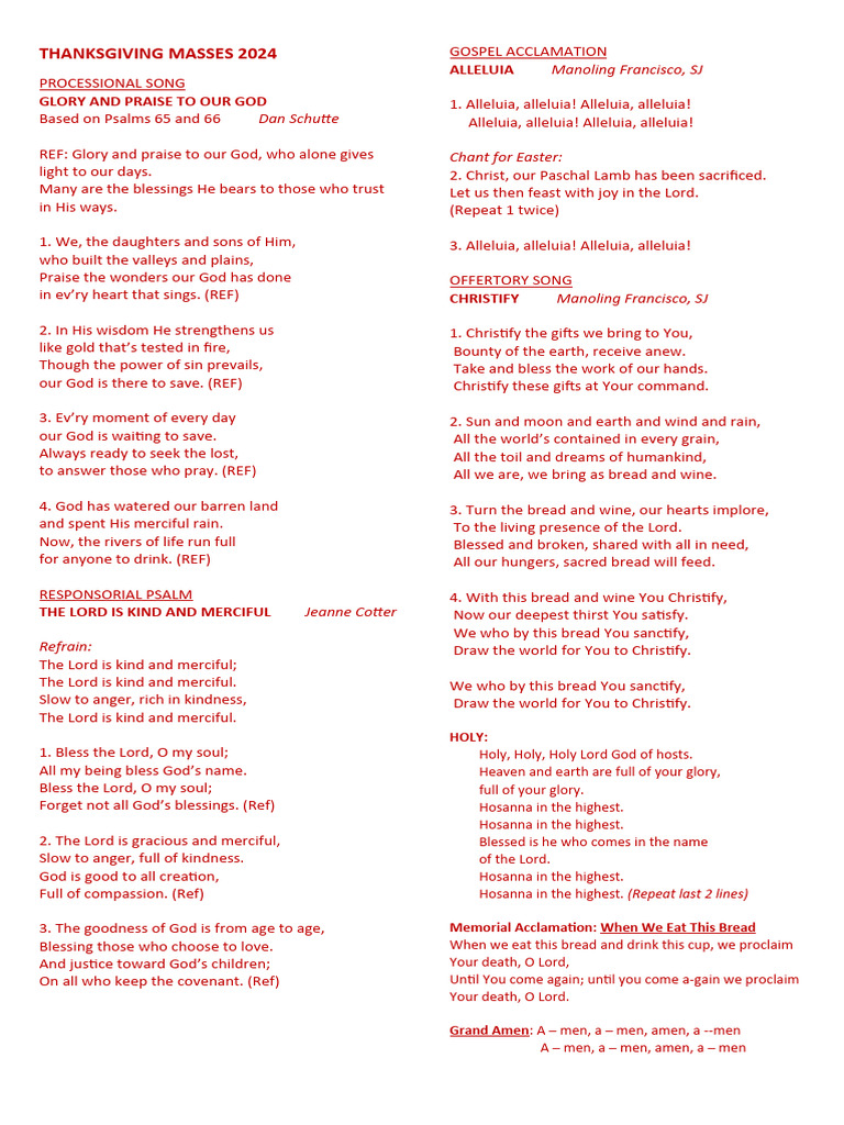 Thanksgiving Mass Songs 2024 | PDF | Lord's Prayer | Christian Worship ...