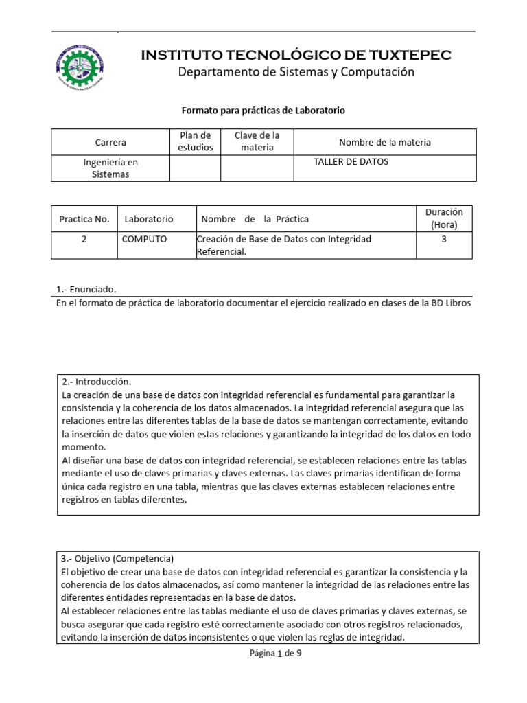 Práctica 2. Creación de BAse de Datos Con Integridad Referencial. | Descargar gratis PDF | Bases ...