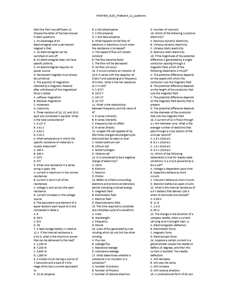 Electrical Resistance Practice Test | PDF | Capacitor | Electrical ...