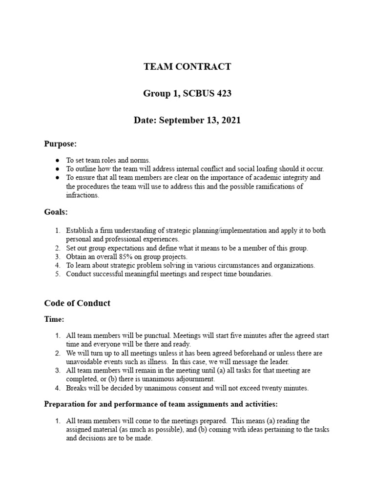 Team Contract for SCBUS 423 Group 1 | PDF | Consensus Decision Making ...