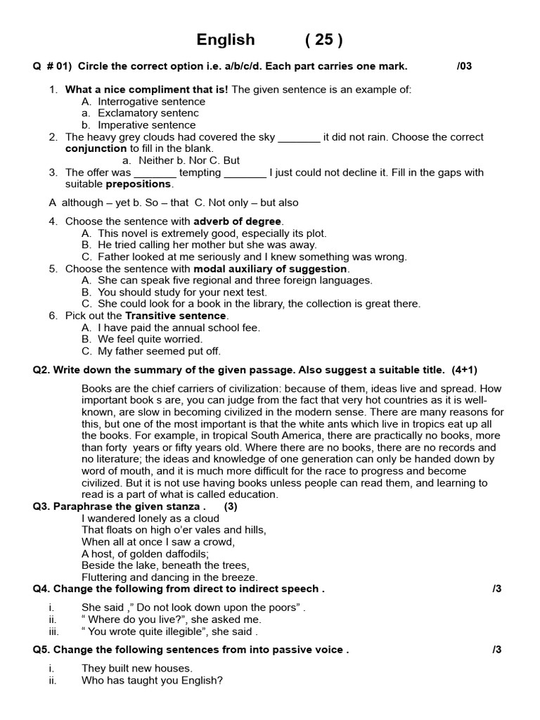 2025 Class 9 Admission Test Paper | PDF | Grammar | Linguistics