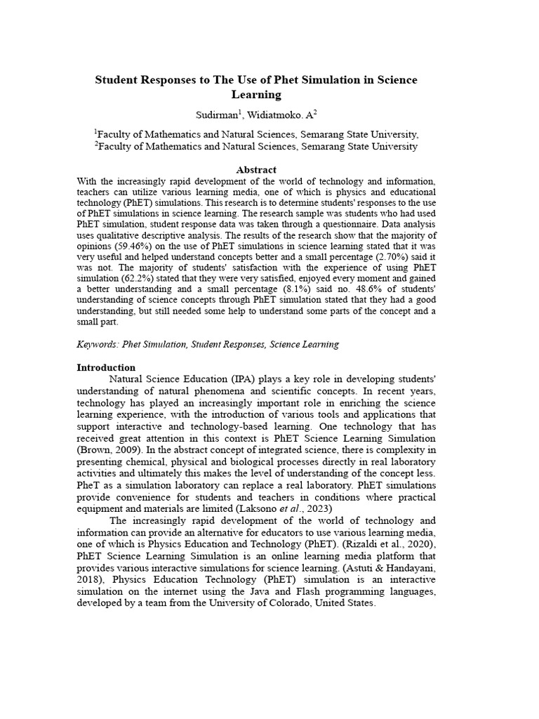 Student Responses To The Use of Phet Simulation in Science Learning | PDF | Simulation | Learning