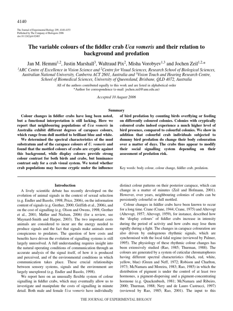 The Variable Colours of The Fiddler Crab Uca Vomeris and Their Relation ...