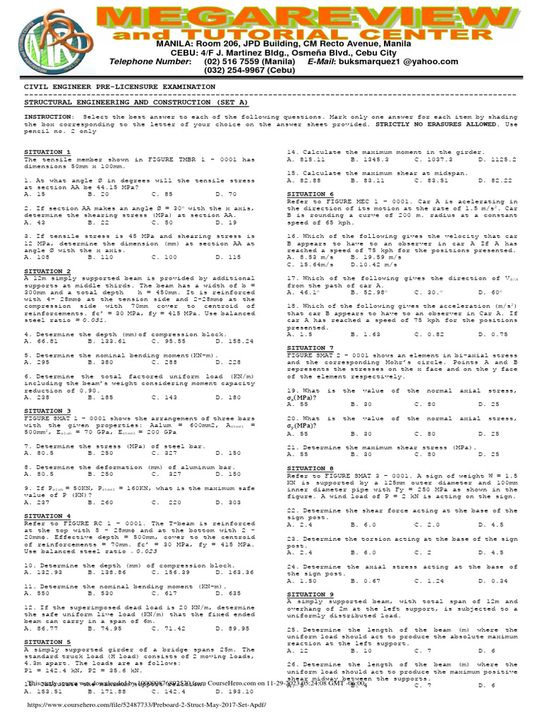 Preboard 2 Struct May 2017 Set A PDF | PDF | Bending | Beam (Structure)
