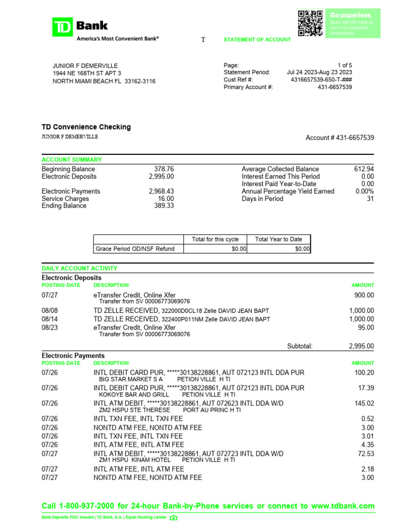 TD Convenience Checking: Account Summary | PDF | Banks | Transaction ...