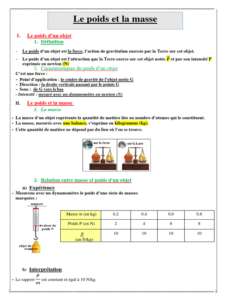 Le Poids Et La Masse Resume de Cours 1 | PDF | Poids | Masse