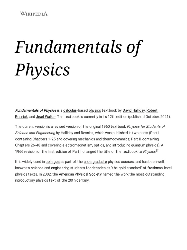 Fundamentals of Physics - Wikipedia | PDF | Physics | Physical Sciences