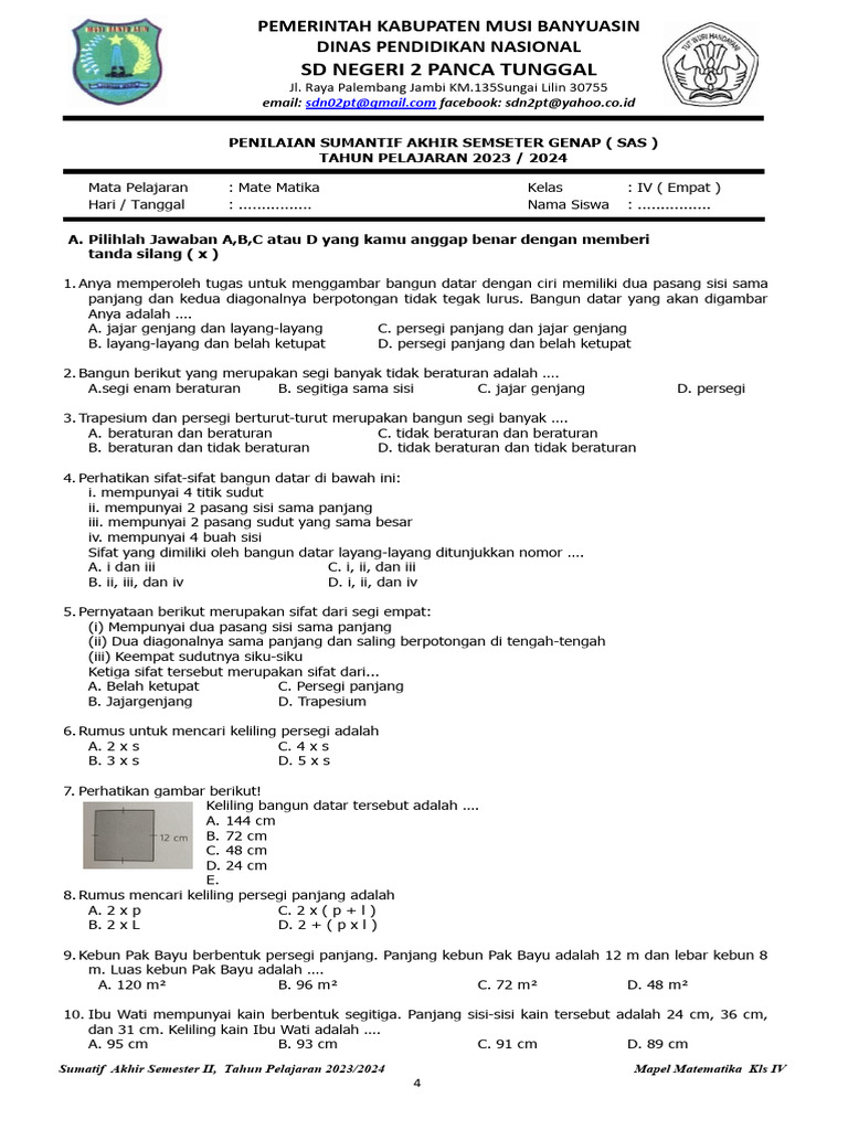 Sas Matematika Kelas 4 Semester 2 Genap 2023 | PDF