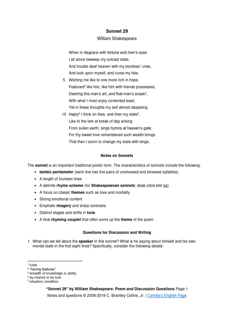 Sonnet 29 Poem and Discussion Questions | PDF | British Poetry | Sonnets