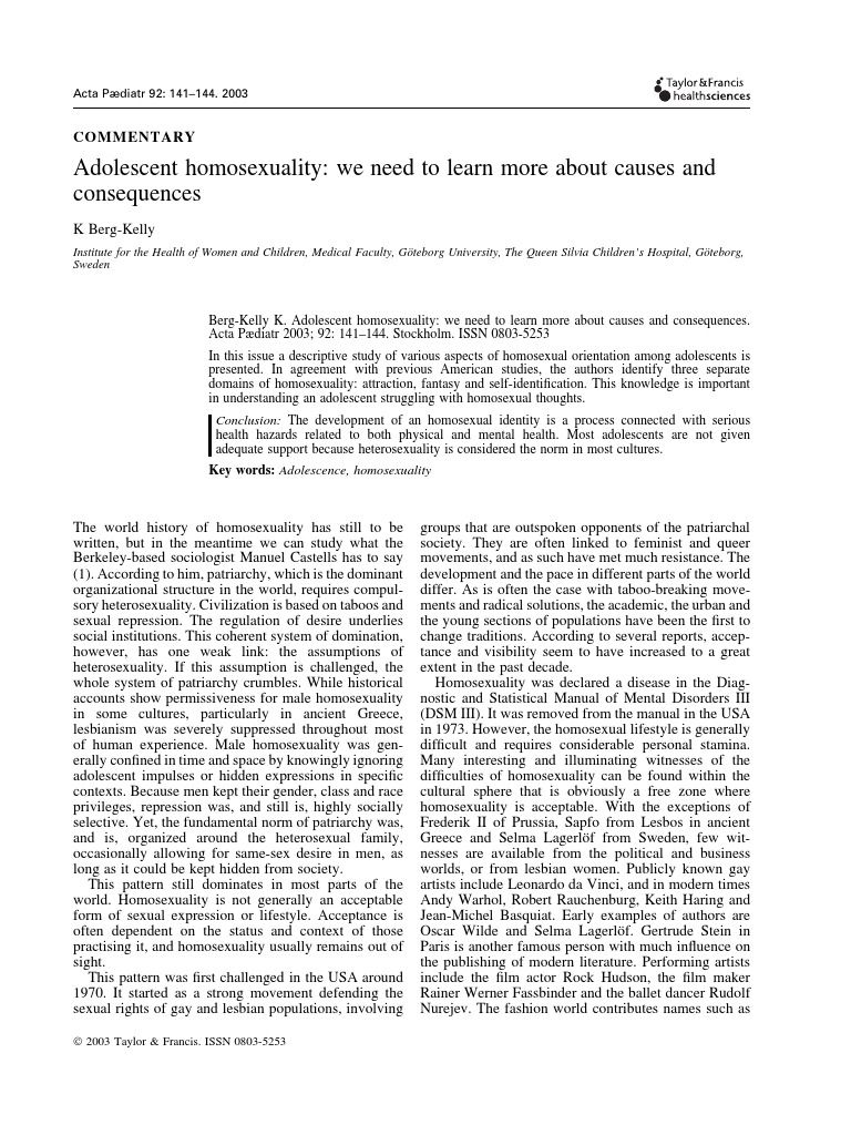 Adolescent Homosexuality Causes&Consequences | PDF | Homosexuality ...