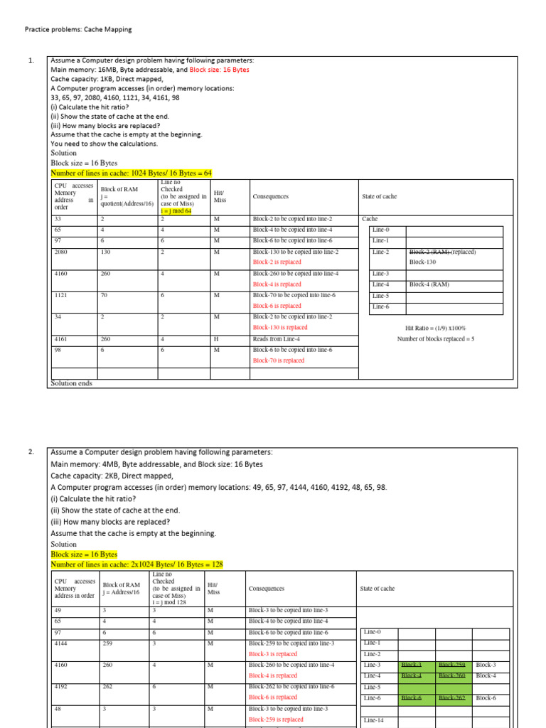 Cache Mapping Practice Problems and Solutions | PDF | Cpu Cache | Random Access Memory