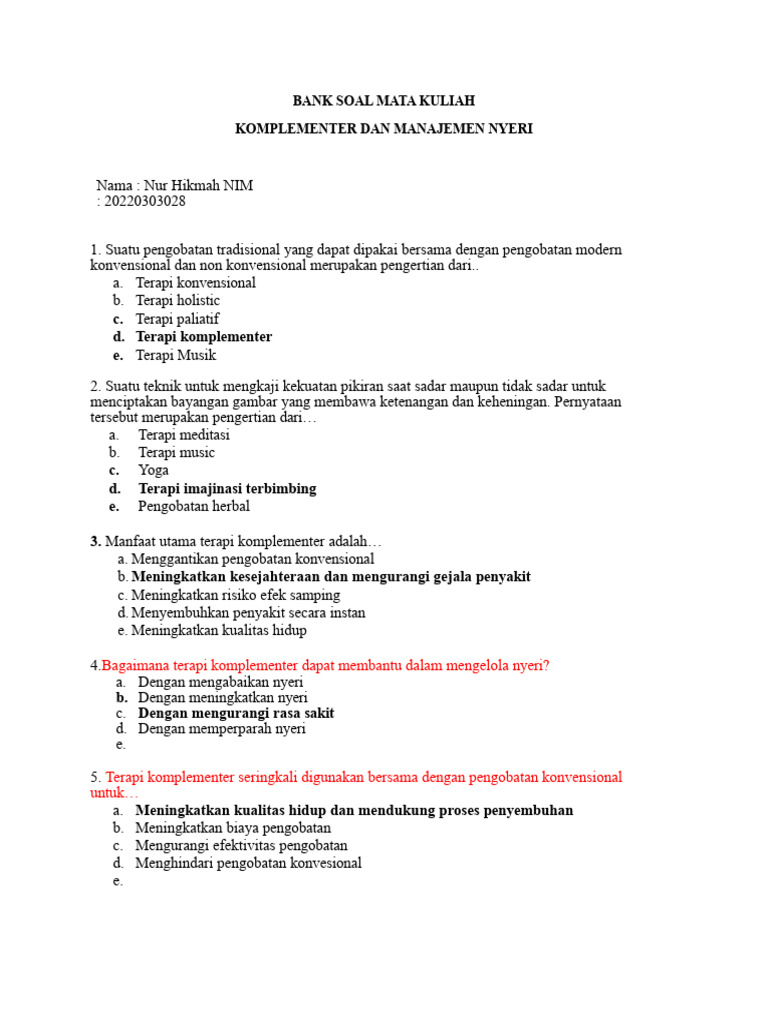 Revisi Bank Soal Mata Kuliah Terapi Komplementer | PDF | Kesehatan Holistik