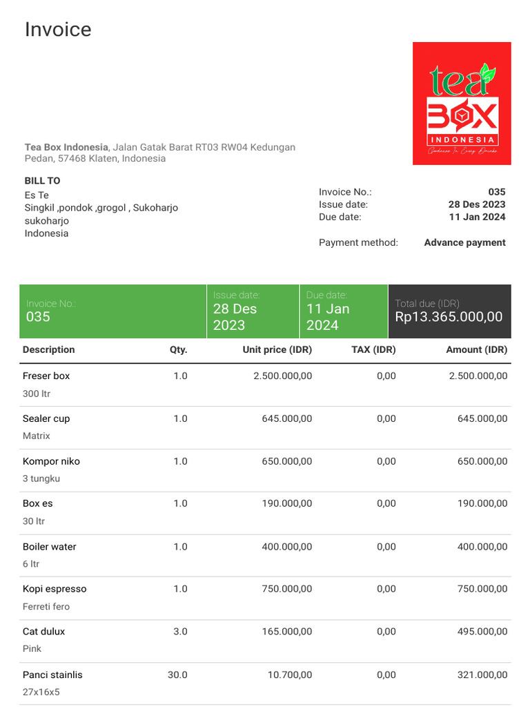 Invoice 035 for Tea Box Indonesia | PDF