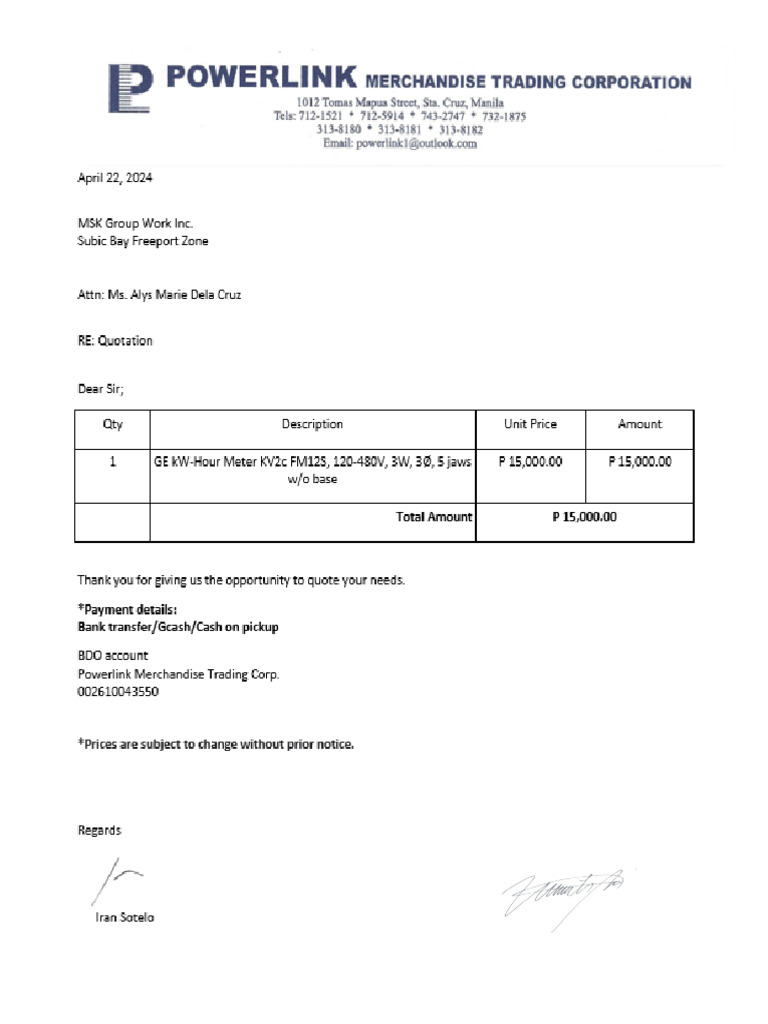 Quotation Power Meter kV2c F12s | PDF