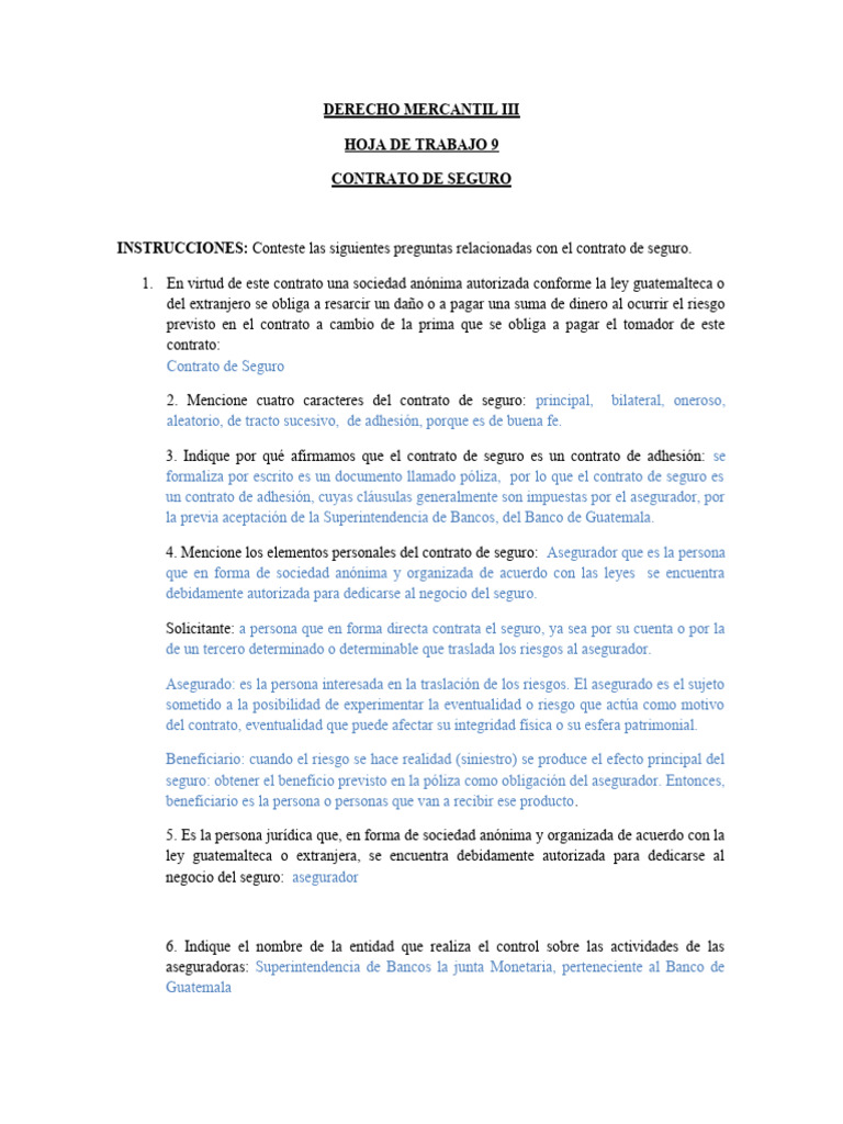 Derecho Mercantil III Hoja de Trabajo 9 | PDF | Póliza de seguros | Seguro
