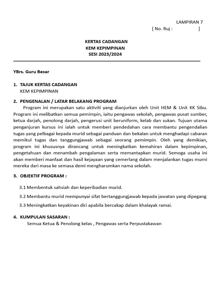Contoh KERTAS CADANGAN KEM KEPIMPINAN | PDF