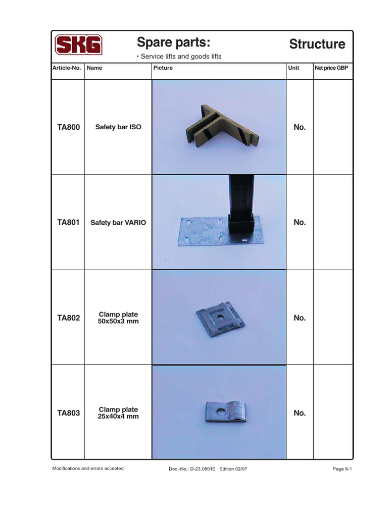 SKG Spare Parts (From Lift Components Site) | PDF | Door | Manufactured Goods