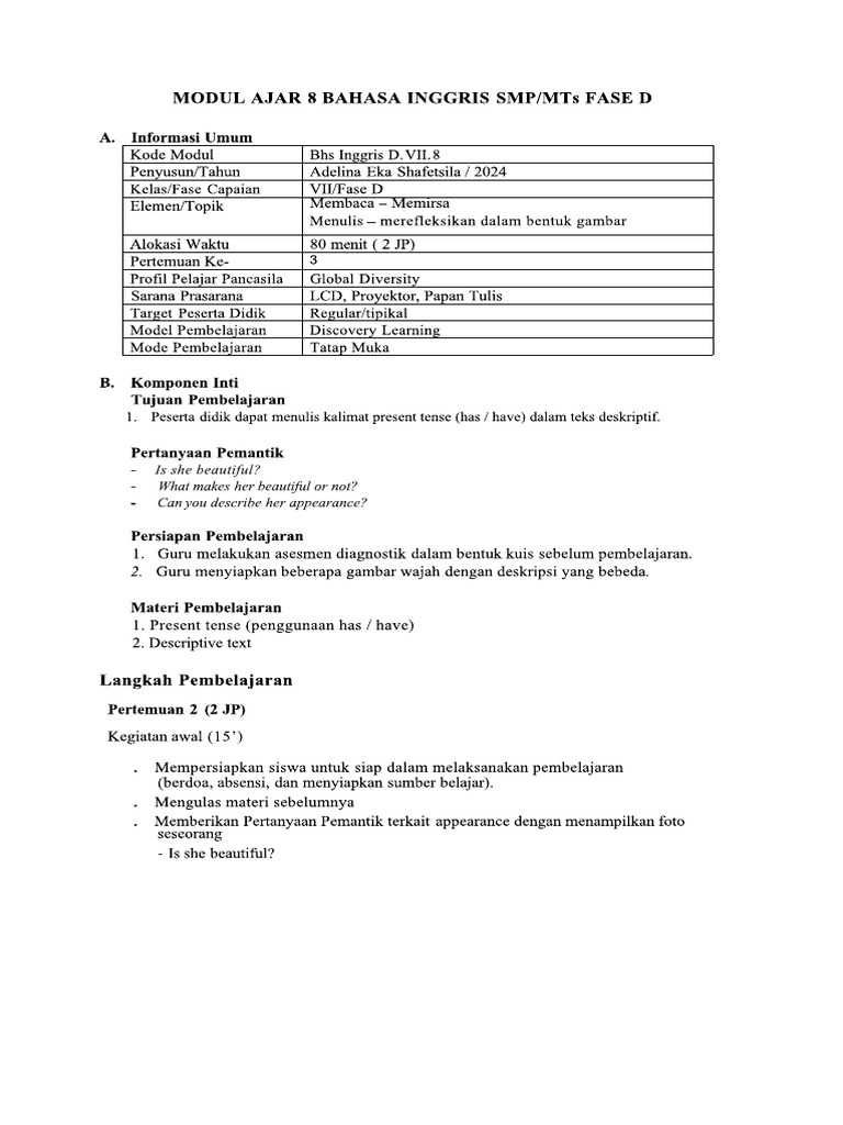 Modul Ajar Kelas 7 Descriptive Text - Drawing A Monster | PDF