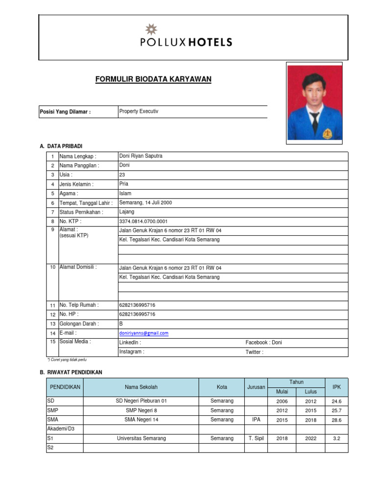 FORM BIODATA KARYAWAN - Doni Riyan Saputra | PDF