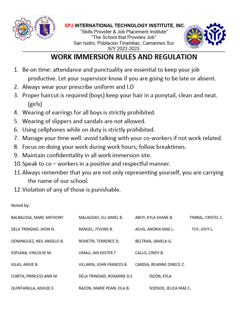 Work Immersin Rules and Guidelines | PDF | Wellness