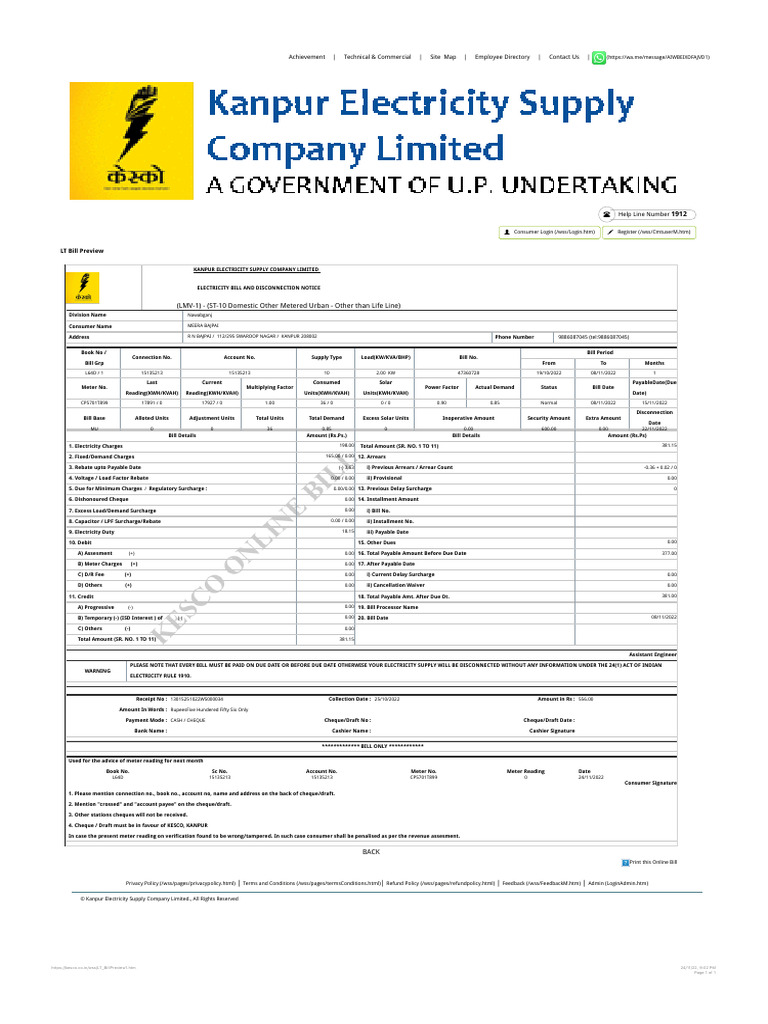 Kanpur Electricity Bill Overview | PDF | Cheque | Payments