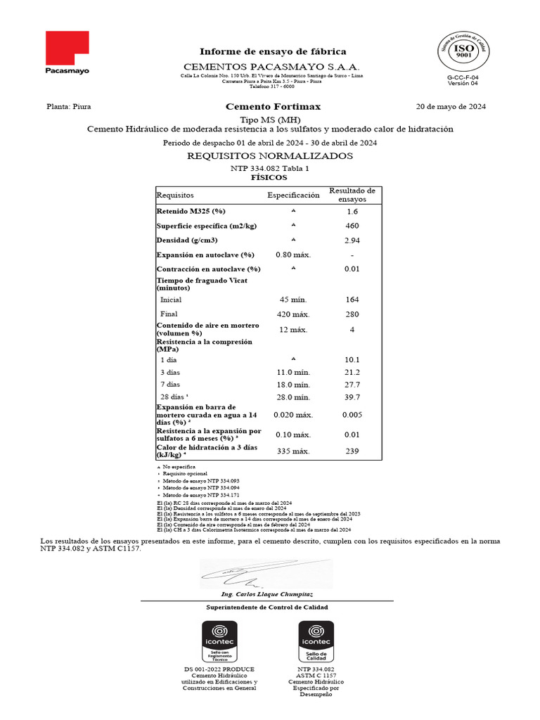 Certificado - Cemento Fortimax | PDF | Cemento | Ingeniería de Edificación