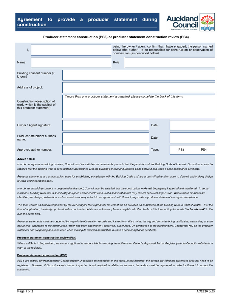 Ac2326 Agreement Provide Producer Statement Construction | PDF ...
