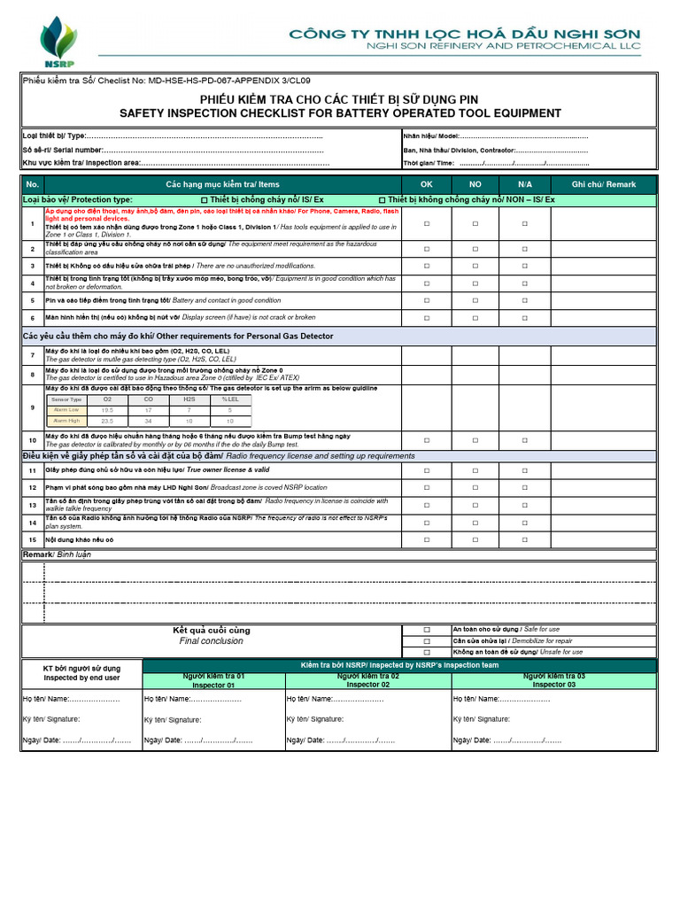 Inspection Checklist - Tool Equipment Checklists | PDF