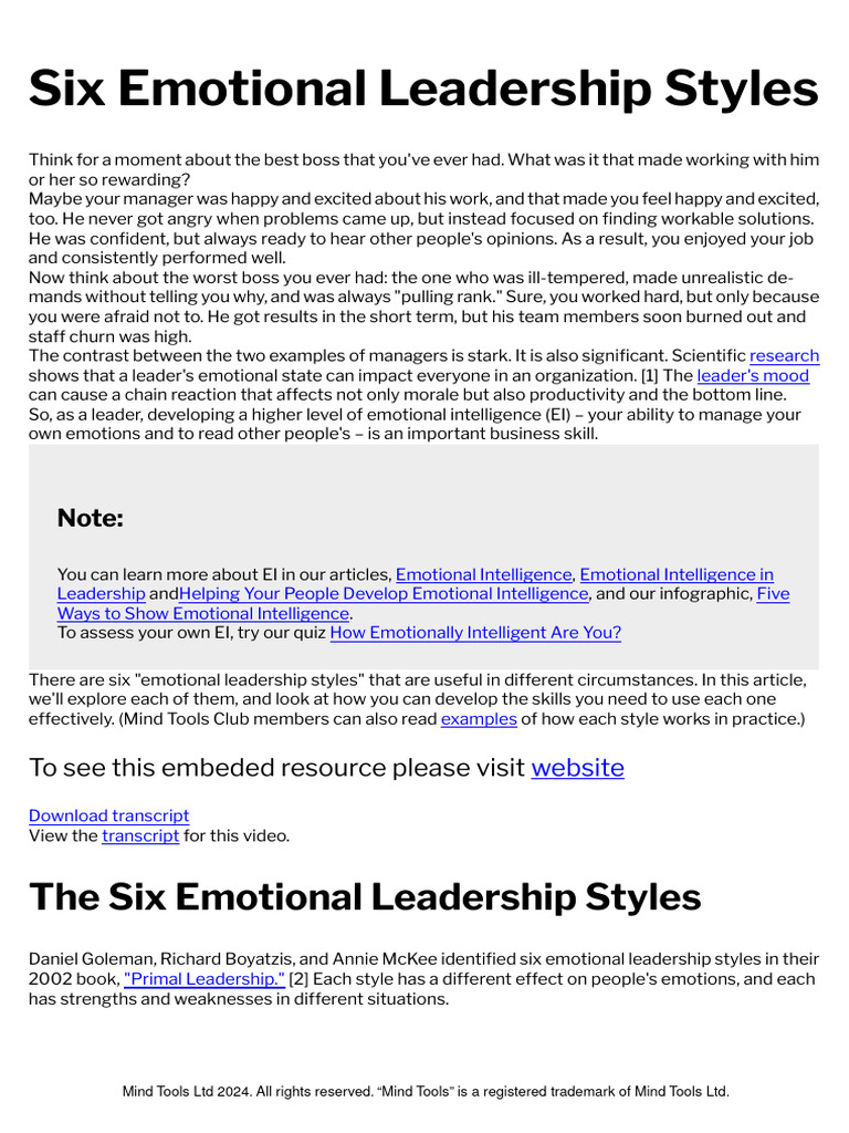 Six Emotional Leadership Styles | PDF | Leadership | Empathy