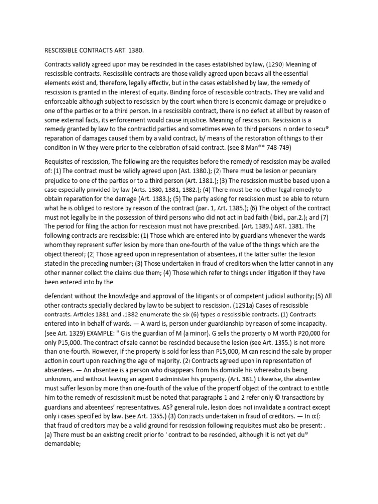 Rescissible Contracts Art. 1380. | PDF | Legal Remedy | Contract Law