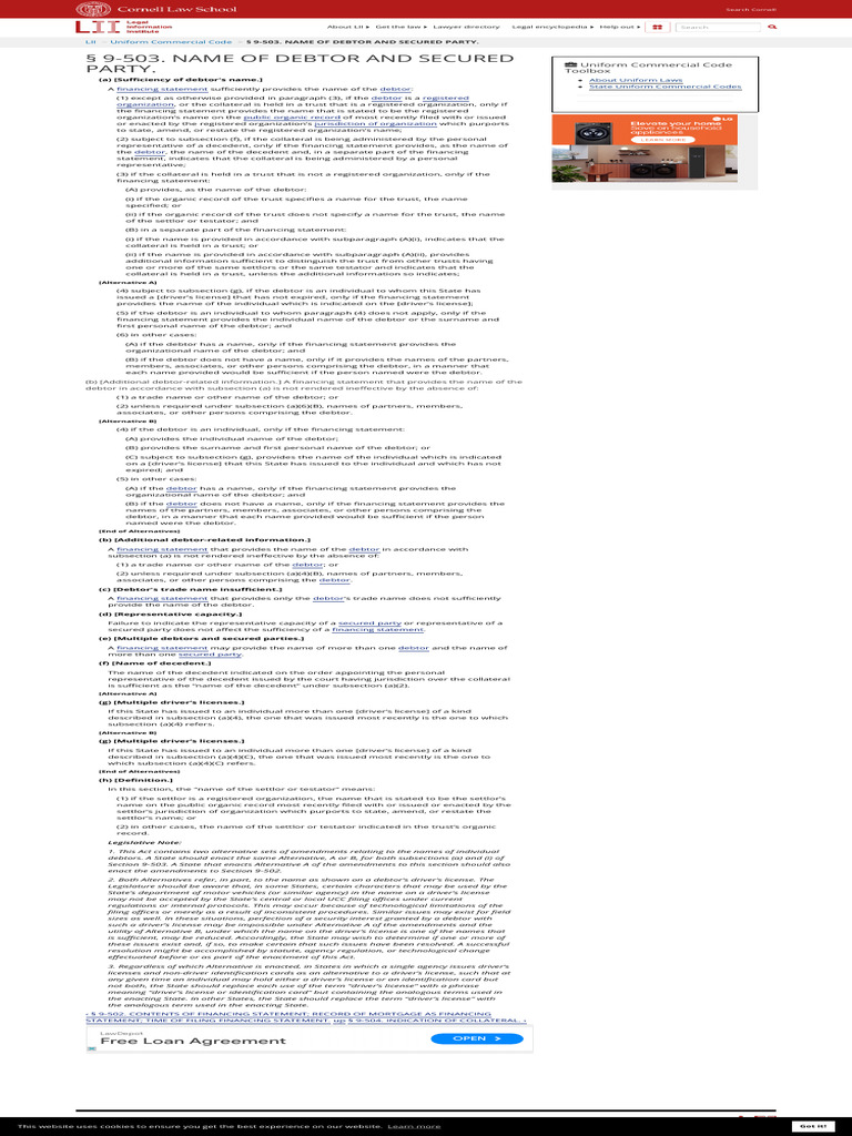 9 503 Name of Debtor and Secured Party Uniform Commercial Code | PDF | Business Law | United ...