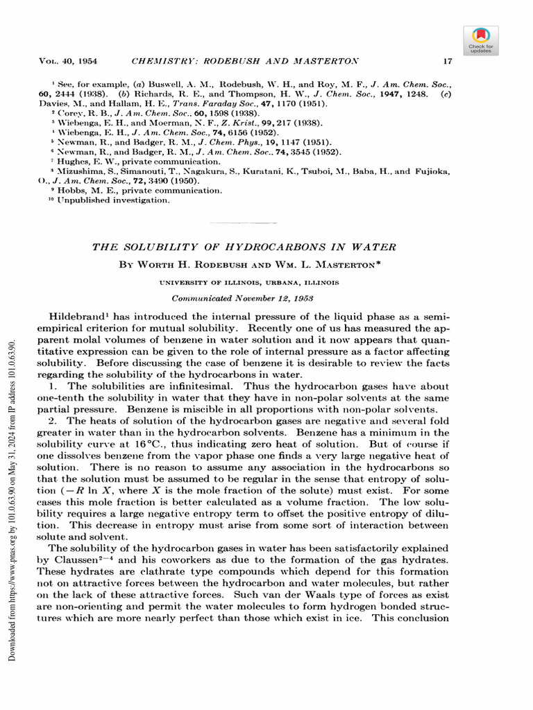 Rodebush Masterton 1954 The Solubility of Hydrocarbons in Water | PDF ...