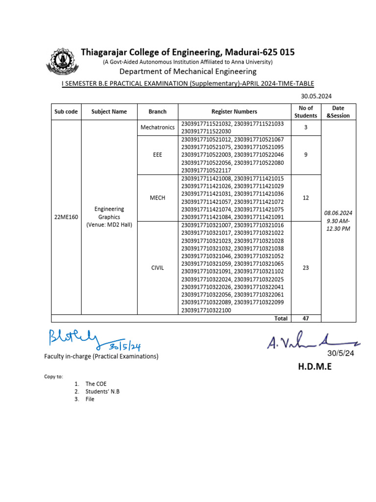 22ME160-Time Table April 2024 Examination (Supplementary) | PDF | Engineering | Physical Sciences