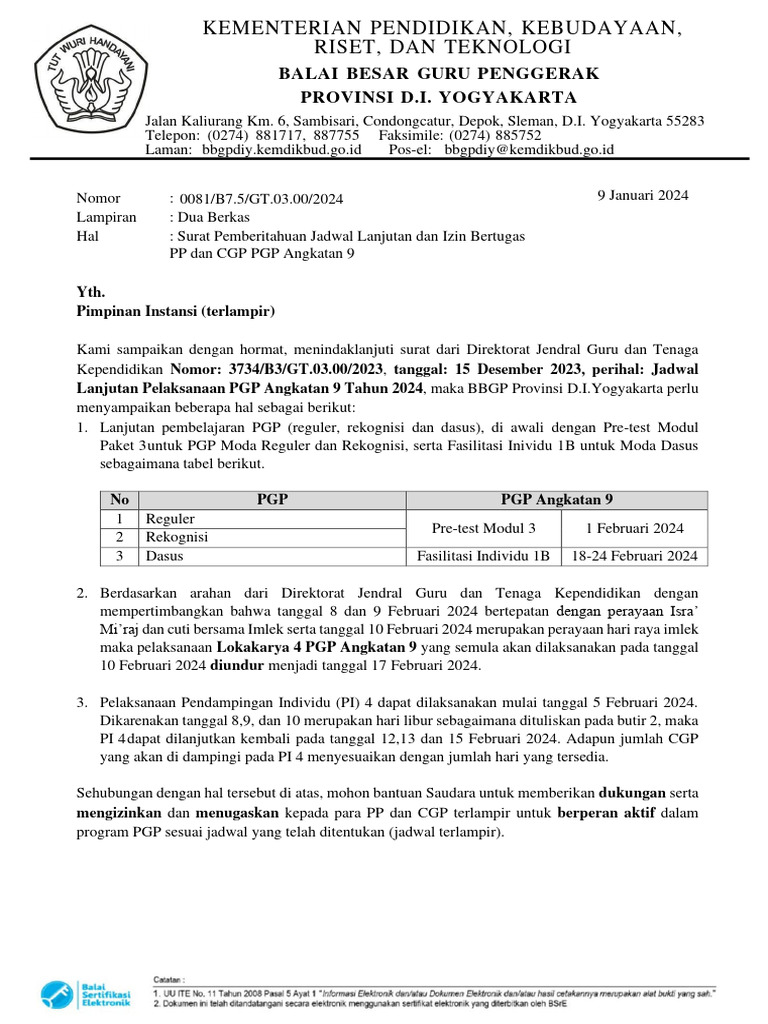 Jadwal PGP Angkatan 9 Tahun 2024 | PDF