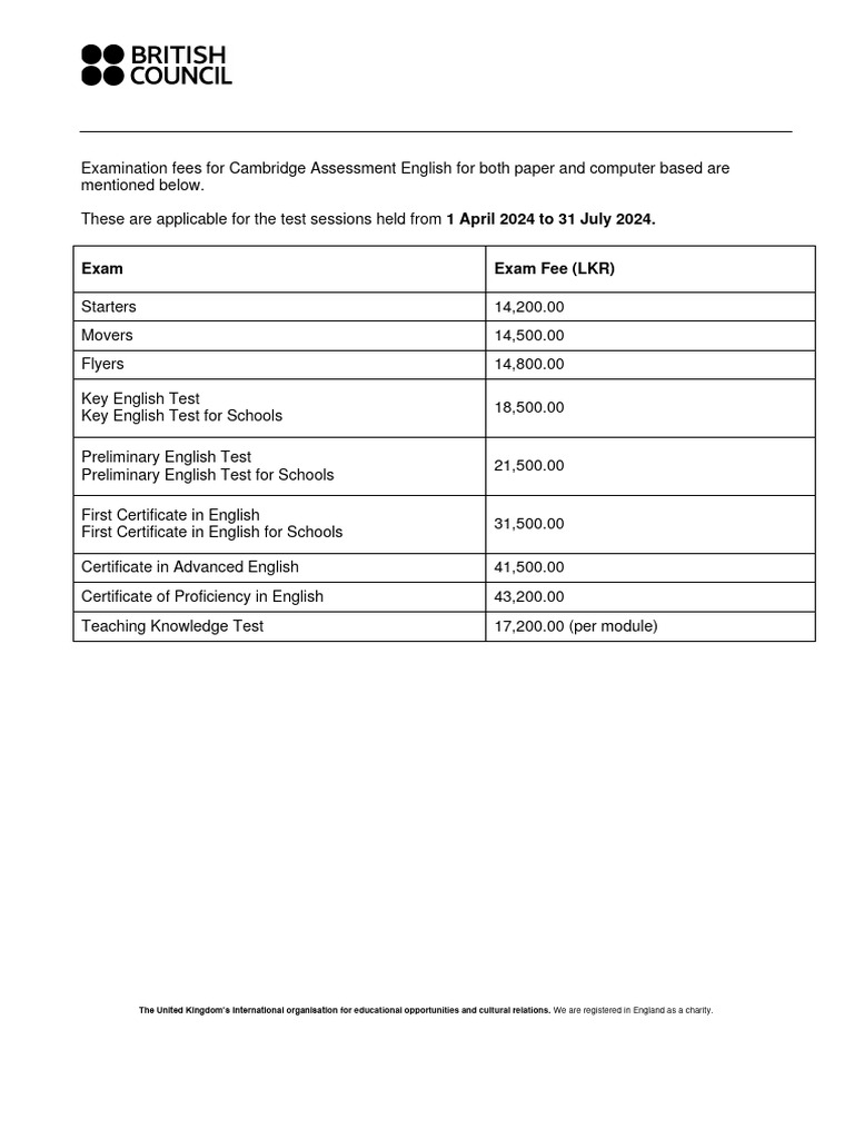 Cambridge Exam Fees 2024 | PDF