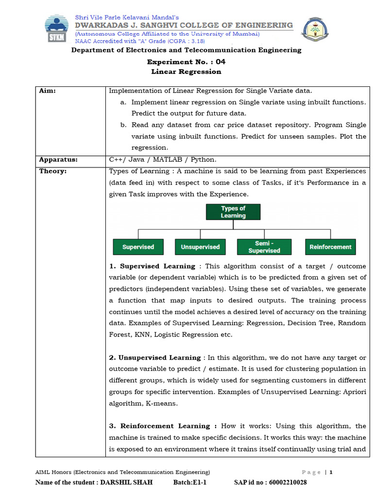 Aiml - 04 - 28 | PDF | Linear Regression | Dependent And Independent ... Aiml - 04 - 28 | PDF | Linear Regression | Dependent And Independent ...