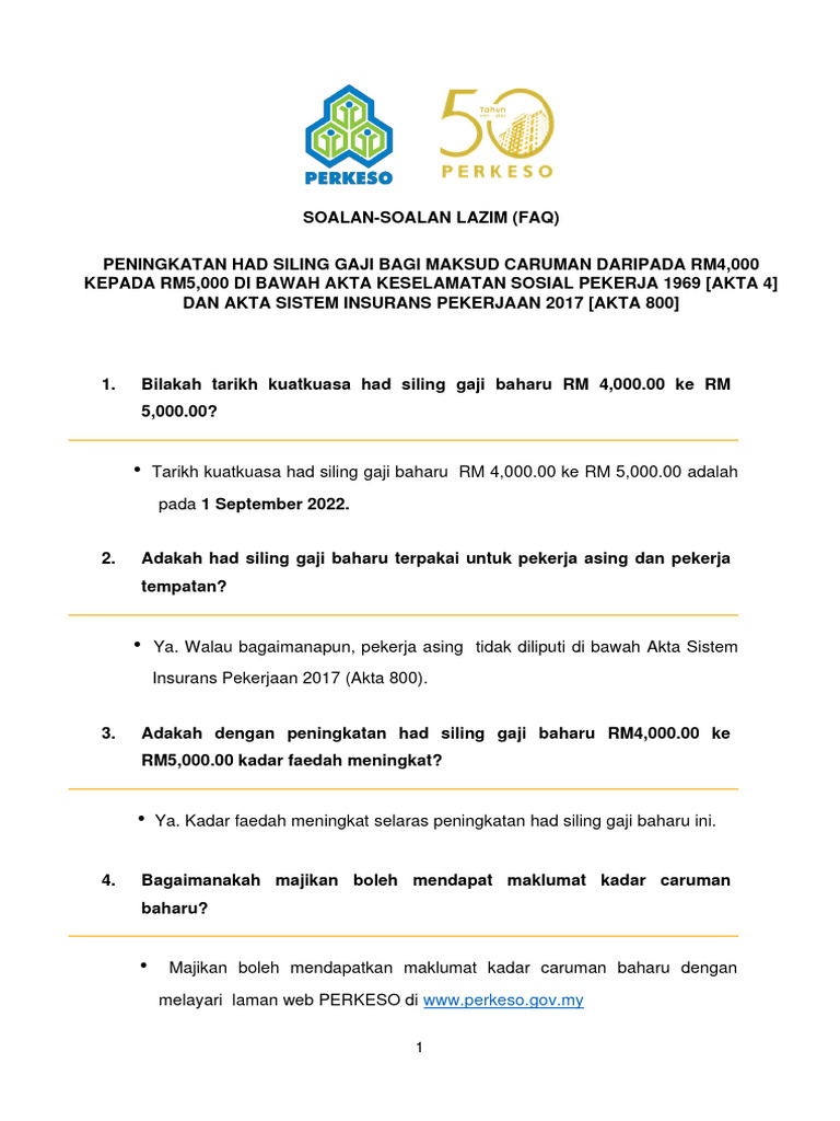 FAQ Peningkatan Siling Gaji Bagi Maksud Caruman Bulanan Daripada RM4000 Kepada RM5000 | PDF