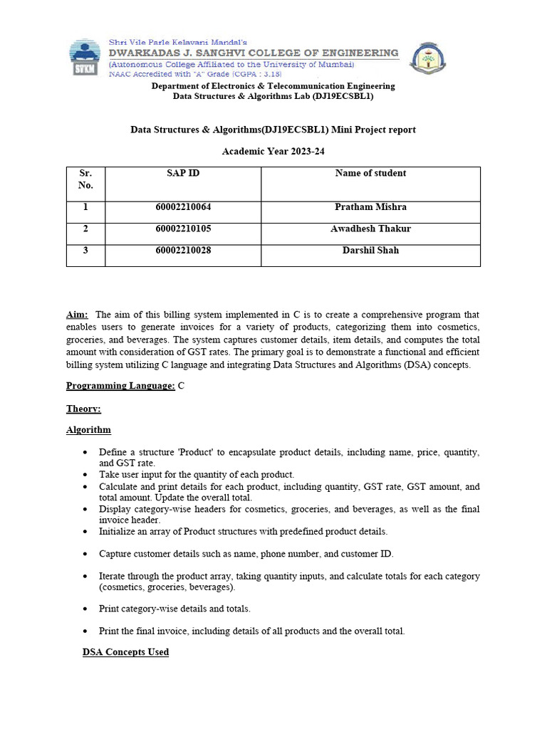 DSA Mini - Project | Download Free PDF | Invoice | Computer Program