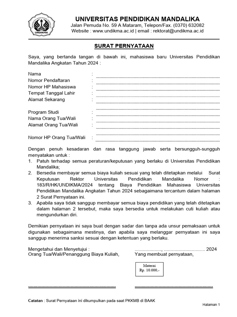 Surat Pernyataan PMB 2024 | PDF