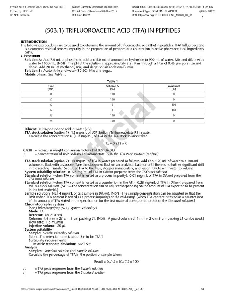 503.1 Trifluoroacetic Acid (TFA) in Peptides | PDF | Acid | Chromatography