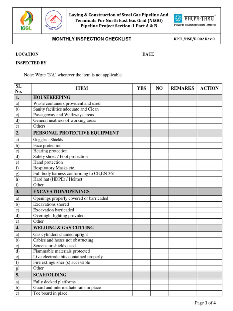 Format - 2 - Monthly HSE Check List | PDF | Safety