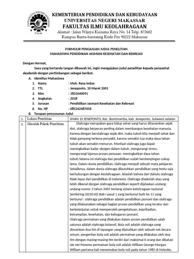 Surat Pengajuan Judul Penelitian Imbar | PDF